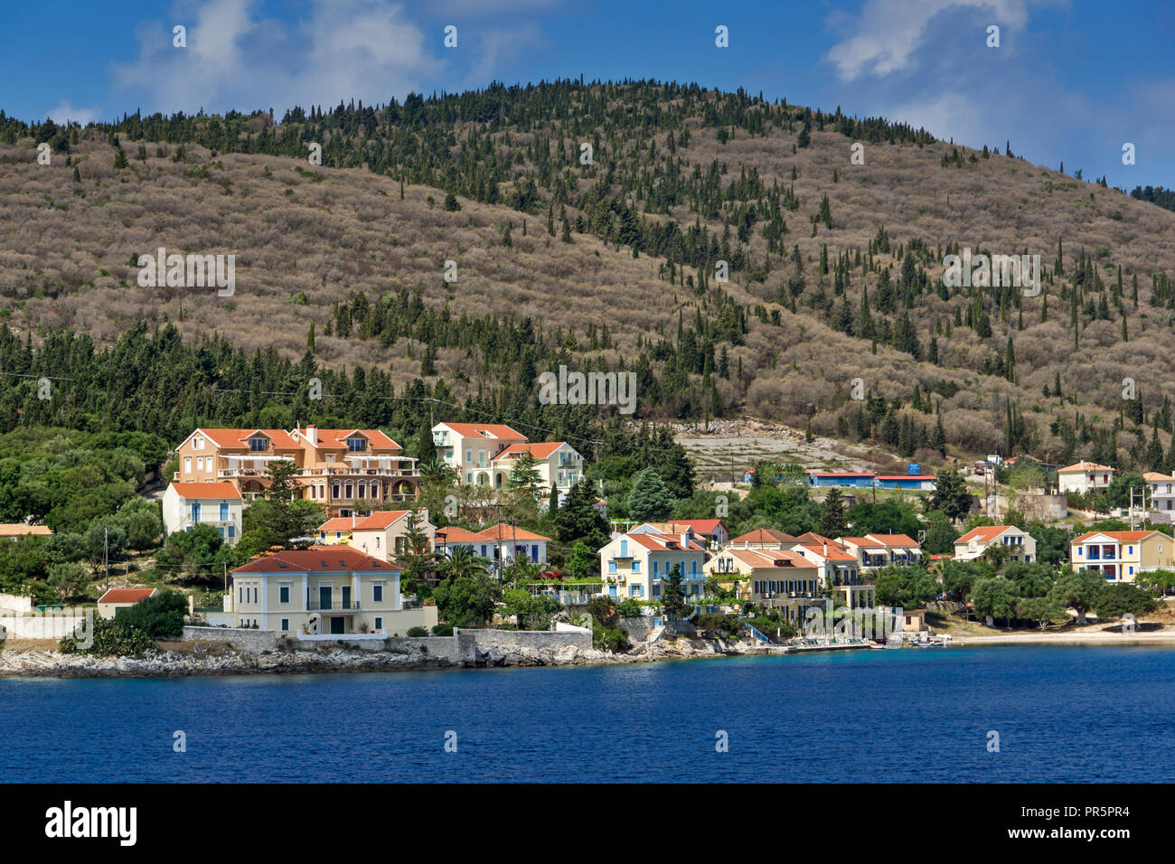 FISKARDO, KEFALONIA, GREECE - MAY 25, 2015: Panoramic view of Fiskardo ...