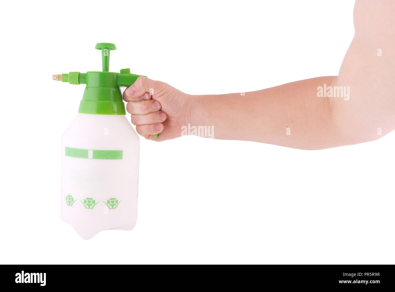 Pressure sprayer bottle in hand. Isolated on white background Stock ...