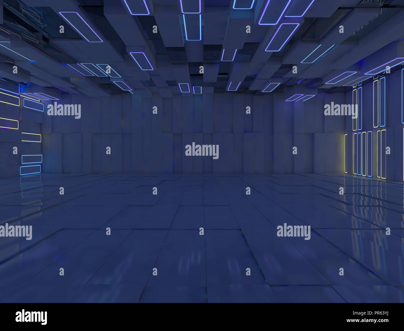 Background of an empty room with walls and neon light. Neon rays and ...