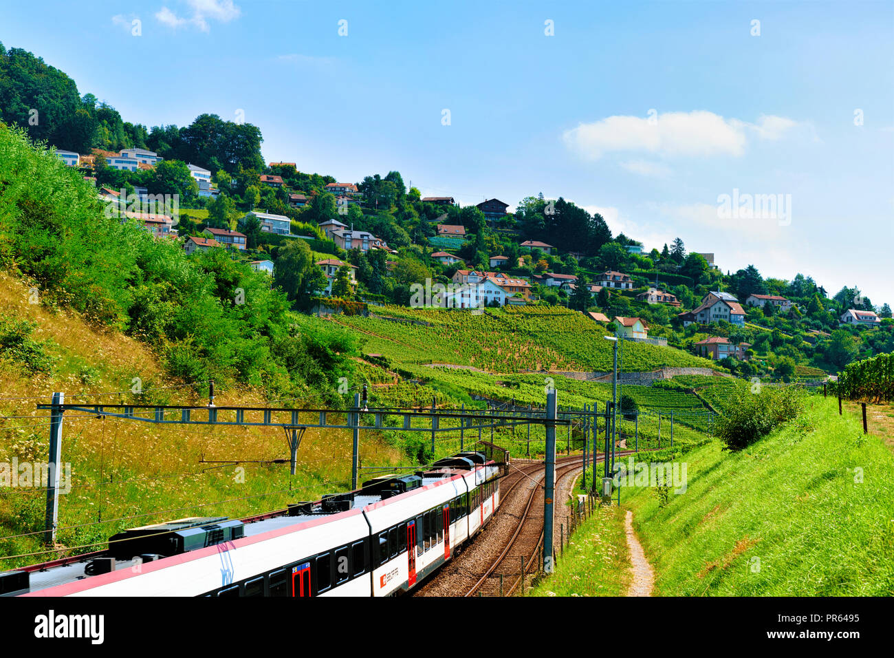 Lavaux, Switzerland - August 30, 2016: Running train at Lavaux Vineyard ...