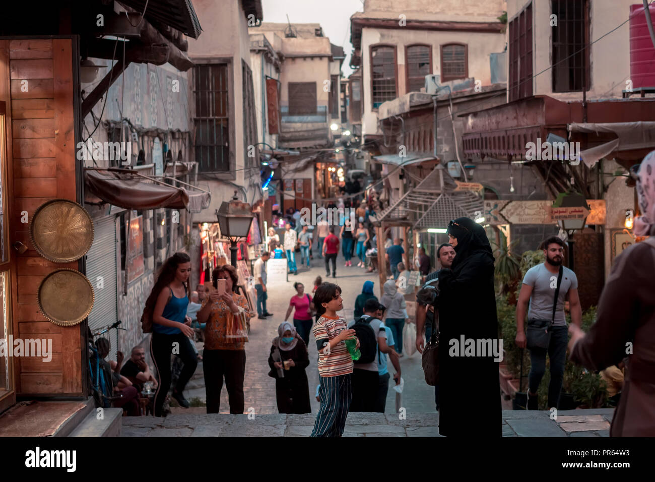 Damascus,Syria: night photo of a narrow alley in the old city near the ...