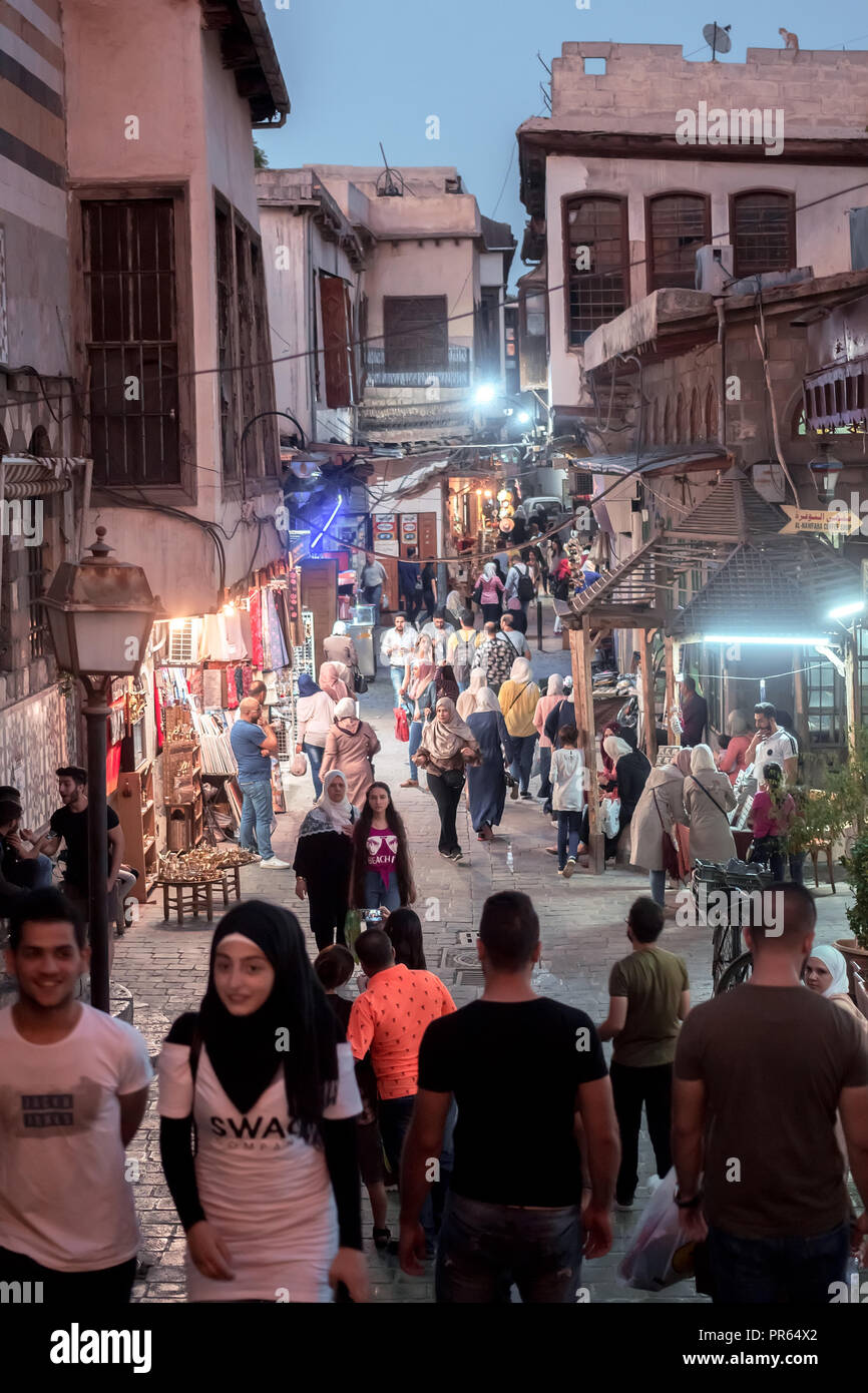Damascus,Syria: night photo of a narrow alley in the old city near the ...