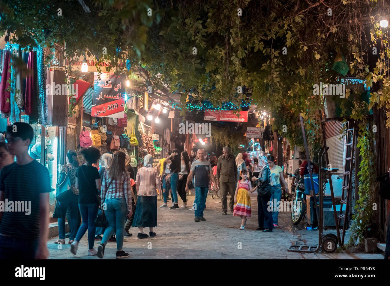 Damascus,Syria: night photo of a narrow alley in the old city near the ...