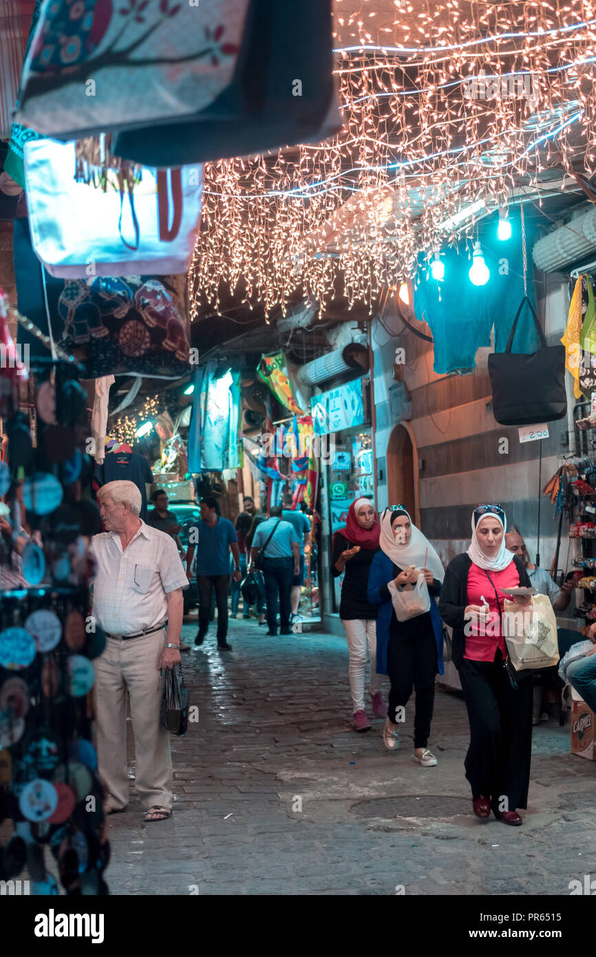 Damascus,Syria: night photo of a narrow alley in the old city near the ...