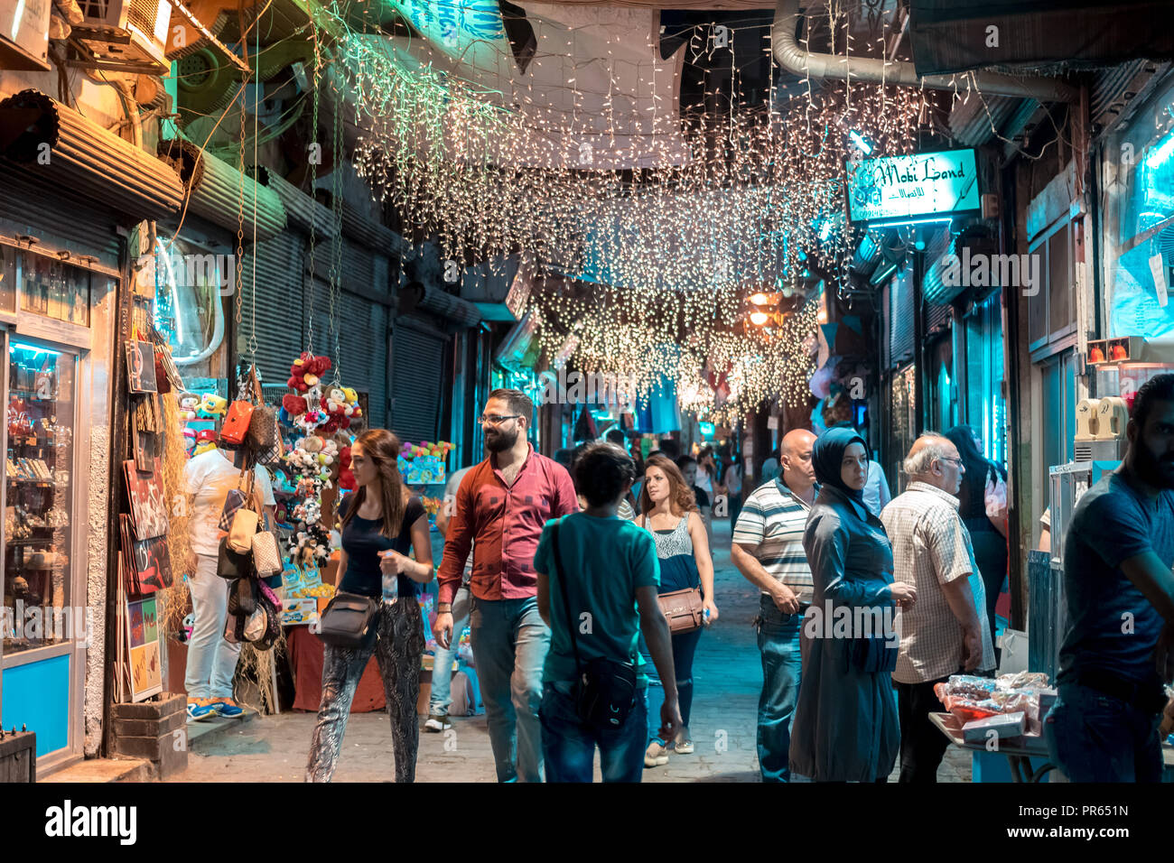 Damascus,Syria: night photo of a narrow alley in the old city near the ...