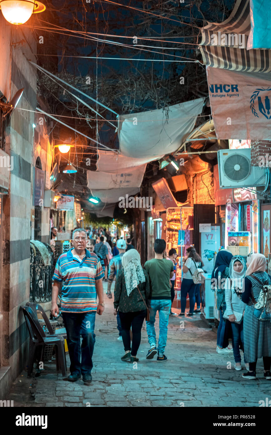 Damascus,Syria: night photo of a narrow alley in the old city near the ...