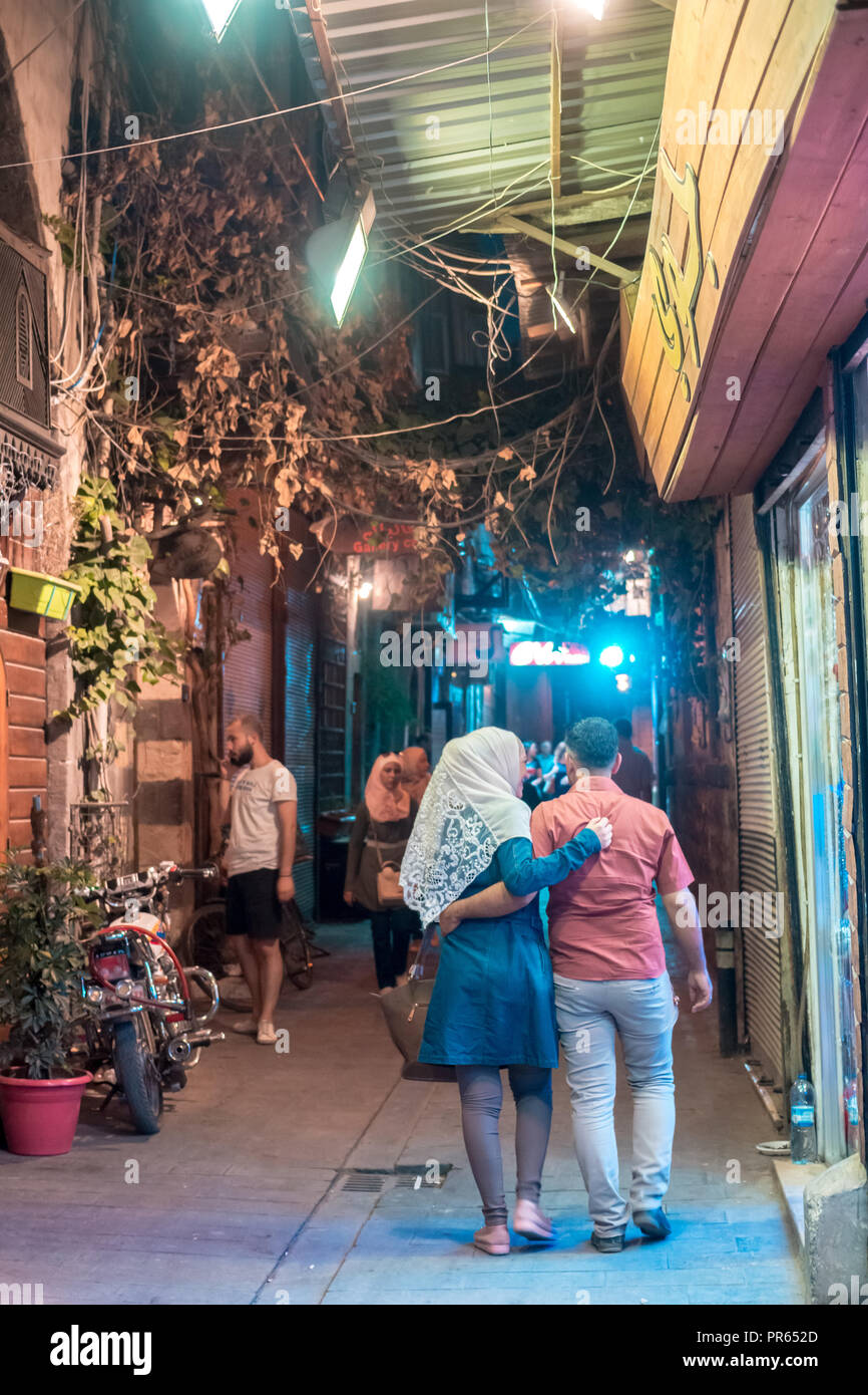 Damascus,Syria: night photo of a narrow alley in the old city near the ...
