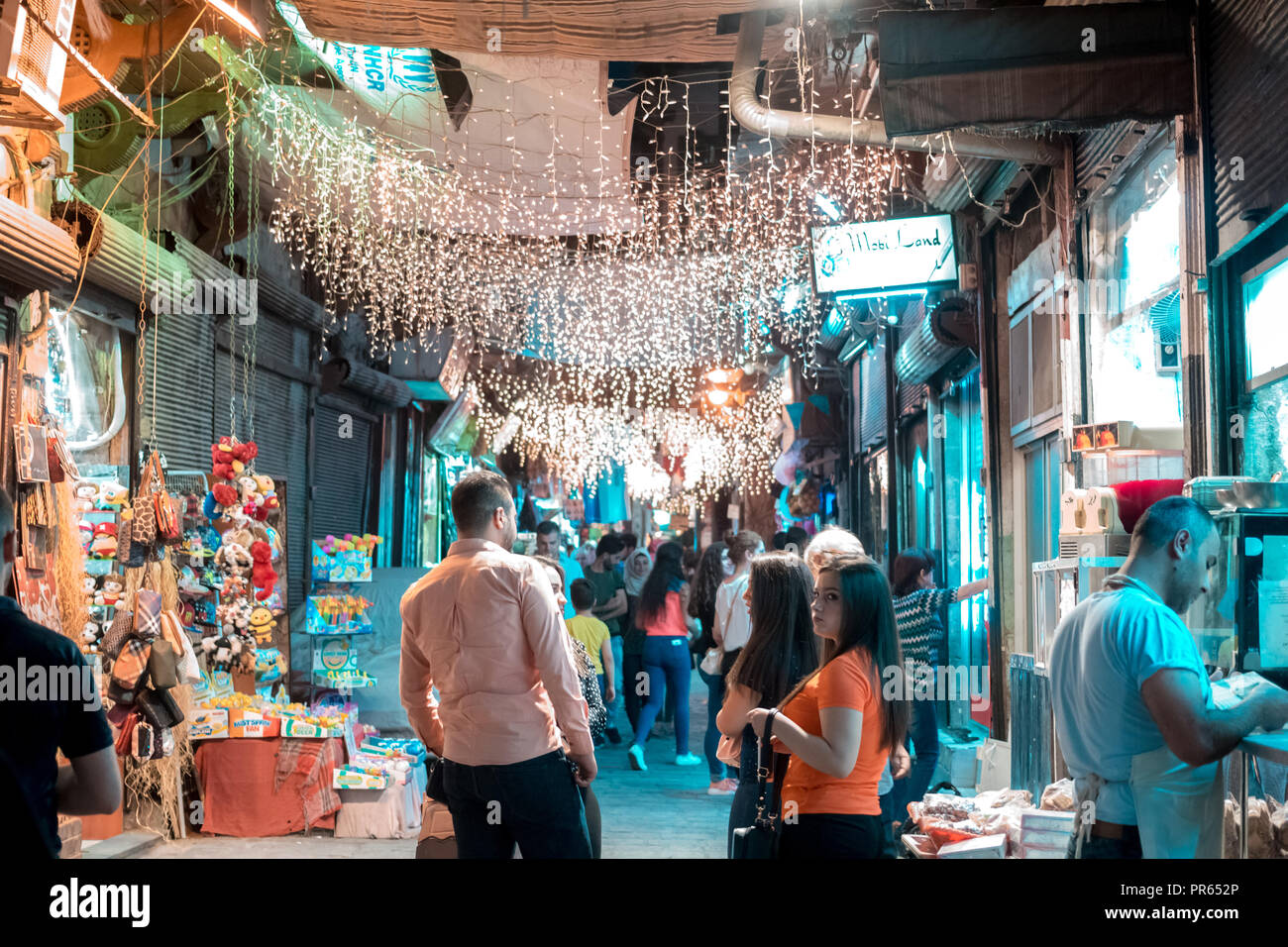Damascus,Syria: night photo of a narrow alley in the old city near the ...