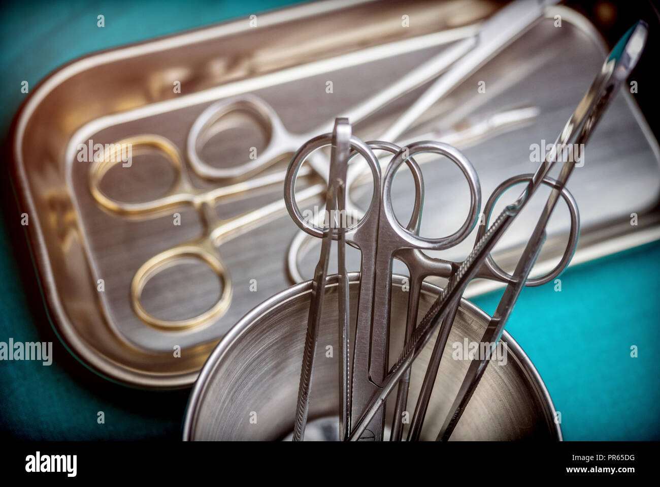 Some scissors for surgery on a tray in an operating theater, conceptual ...