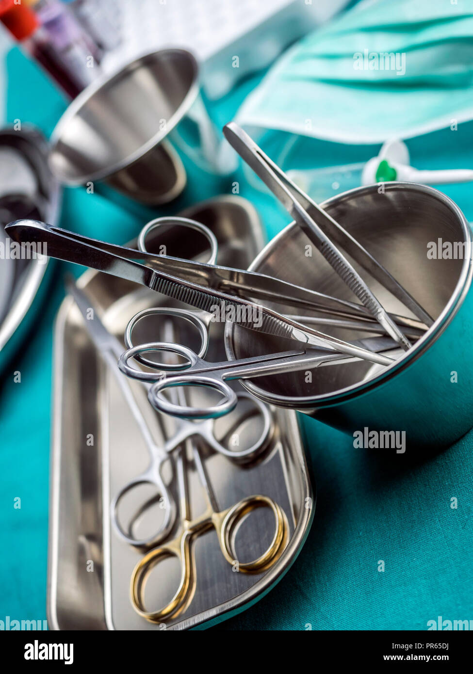Some scissors for surgery on a tray in an operating theater, conceptual ...