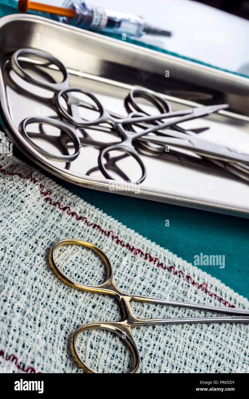Some scissors for surgery on a tray in an operating theater, conceptual ...