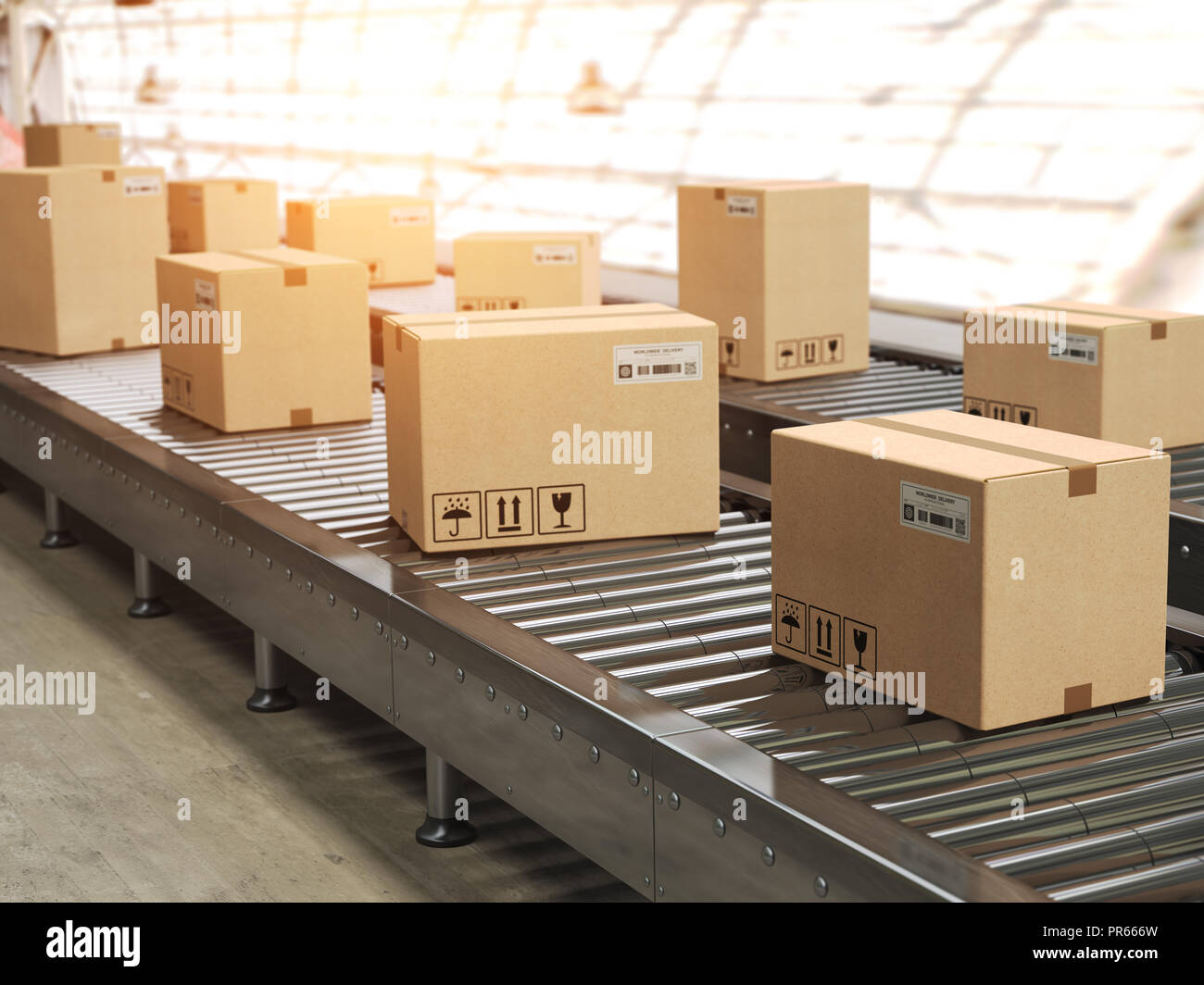 Conveyor line with cadrboard boxes on it in distribution warehouse ...