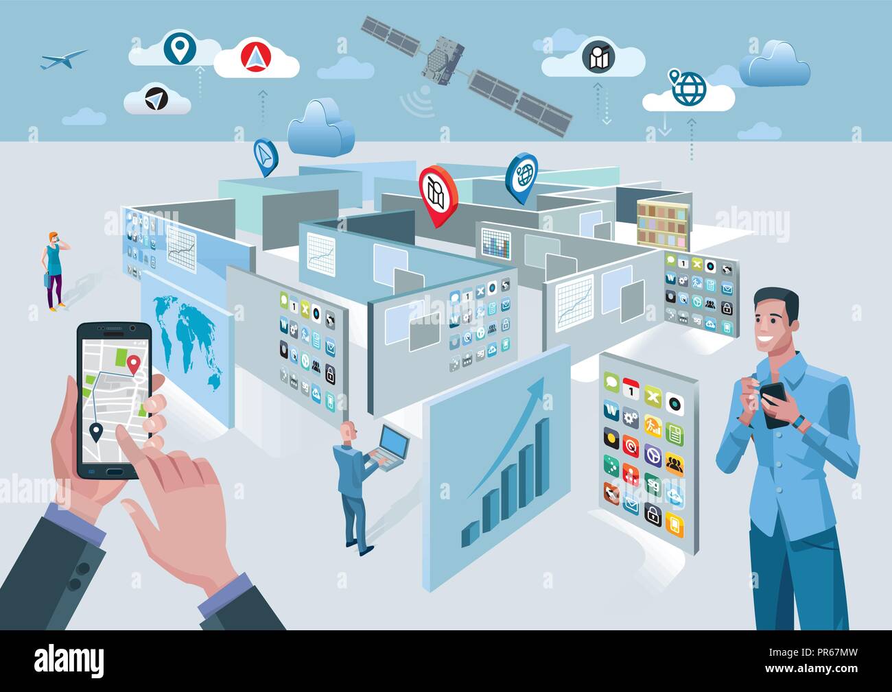 Hands with smartphone with mobile navigator application on screen in ...