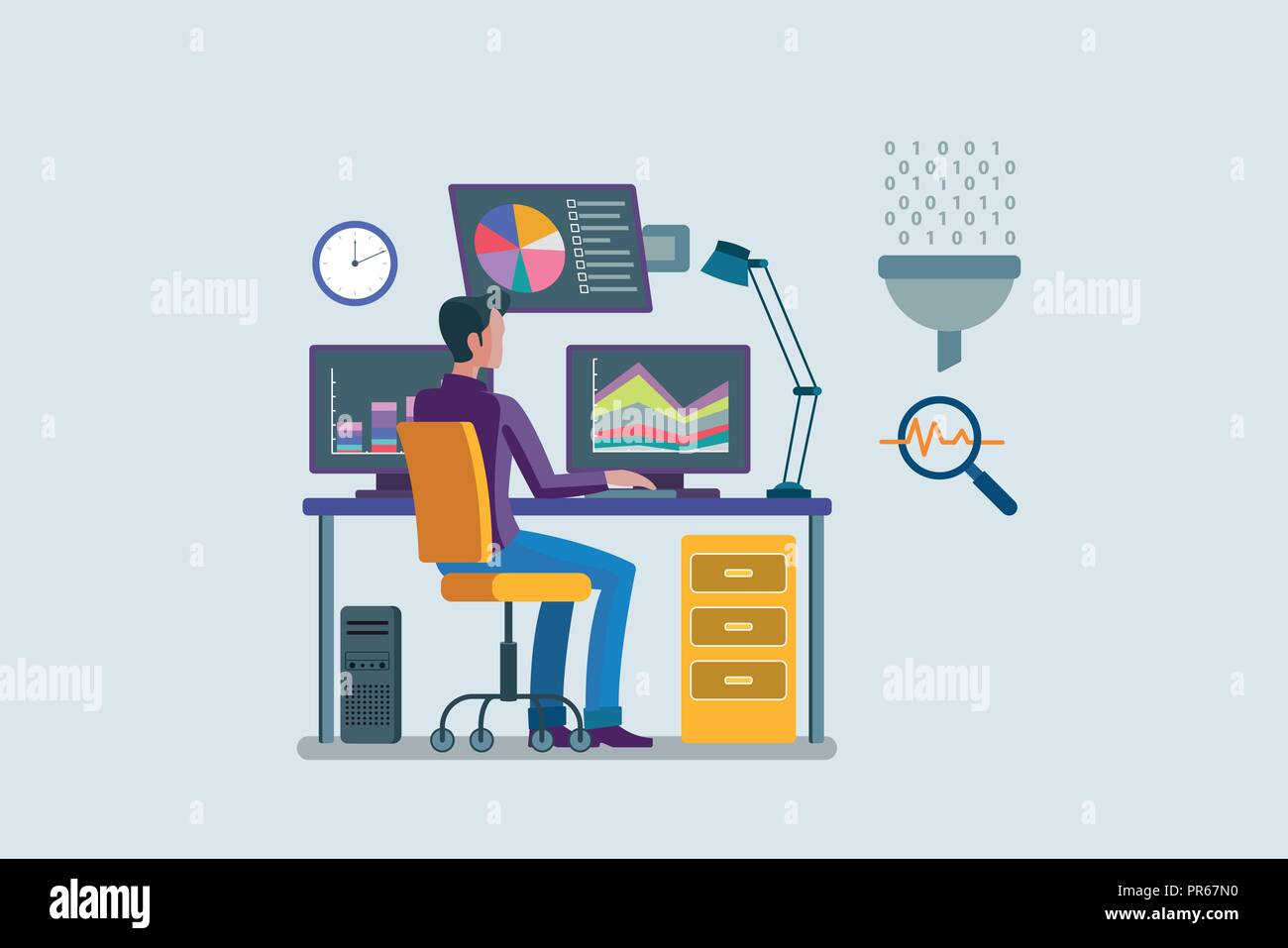 Man working with computer in a office analizing charts and data in ...