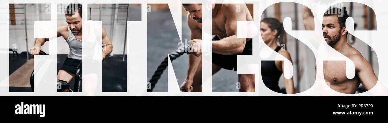 Collage of a fit young man working out with various equipment in a gym ...
