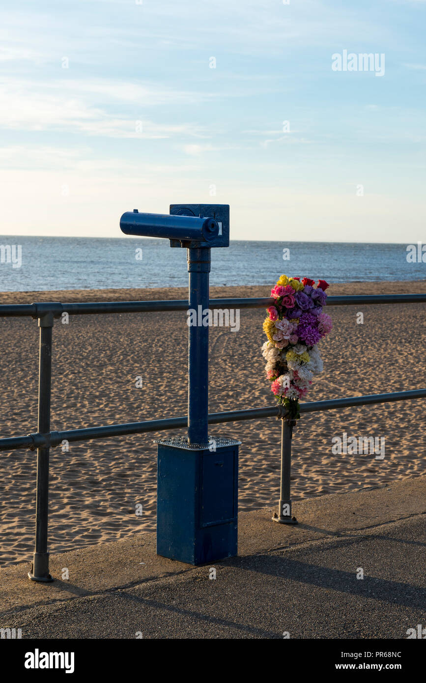 Floral tribute/memorial tied to the seafront railings at Winthorpe ...