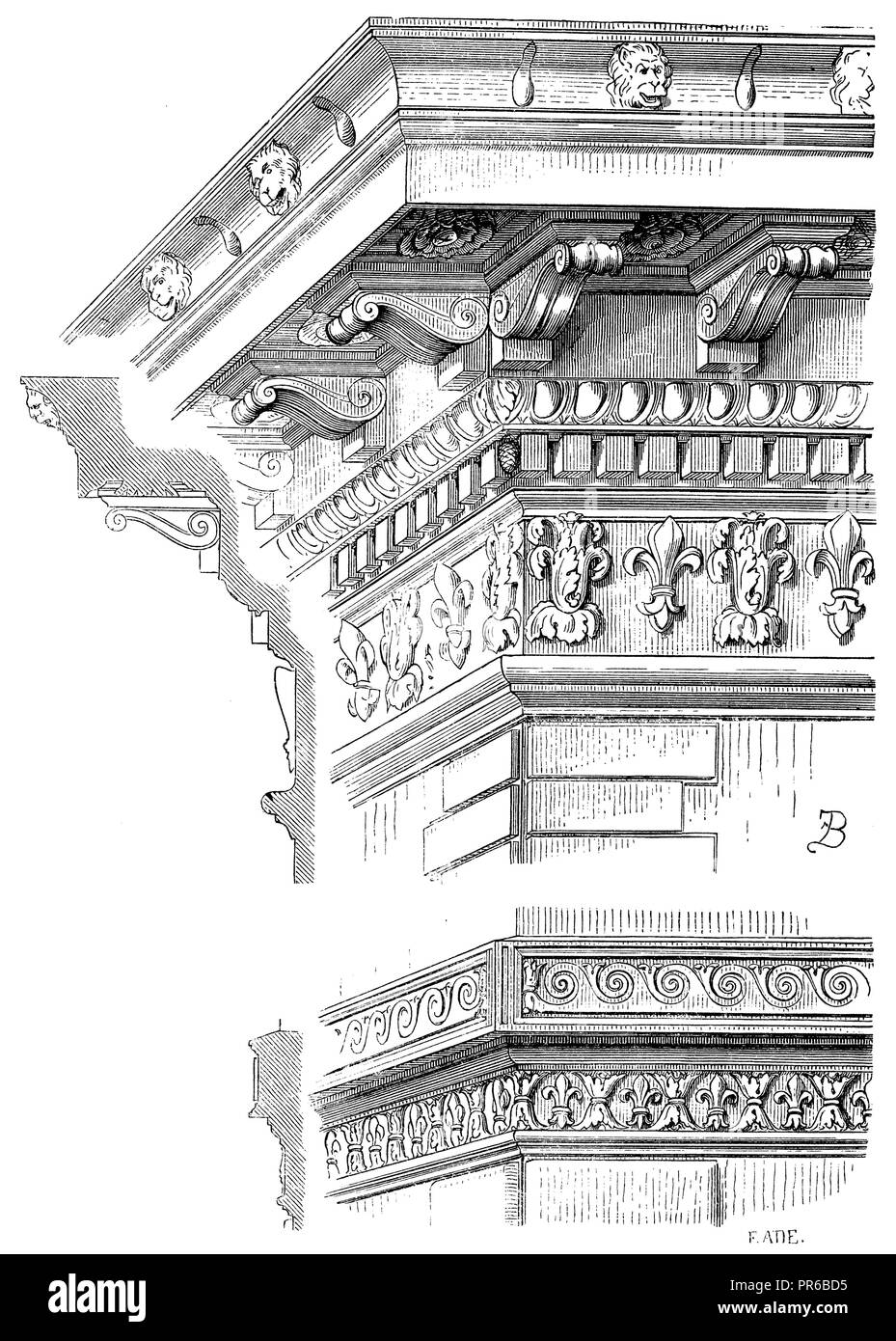 Cornice and cornice at the Palazzo Farnese in Rome, 1870 Stock Photo ...