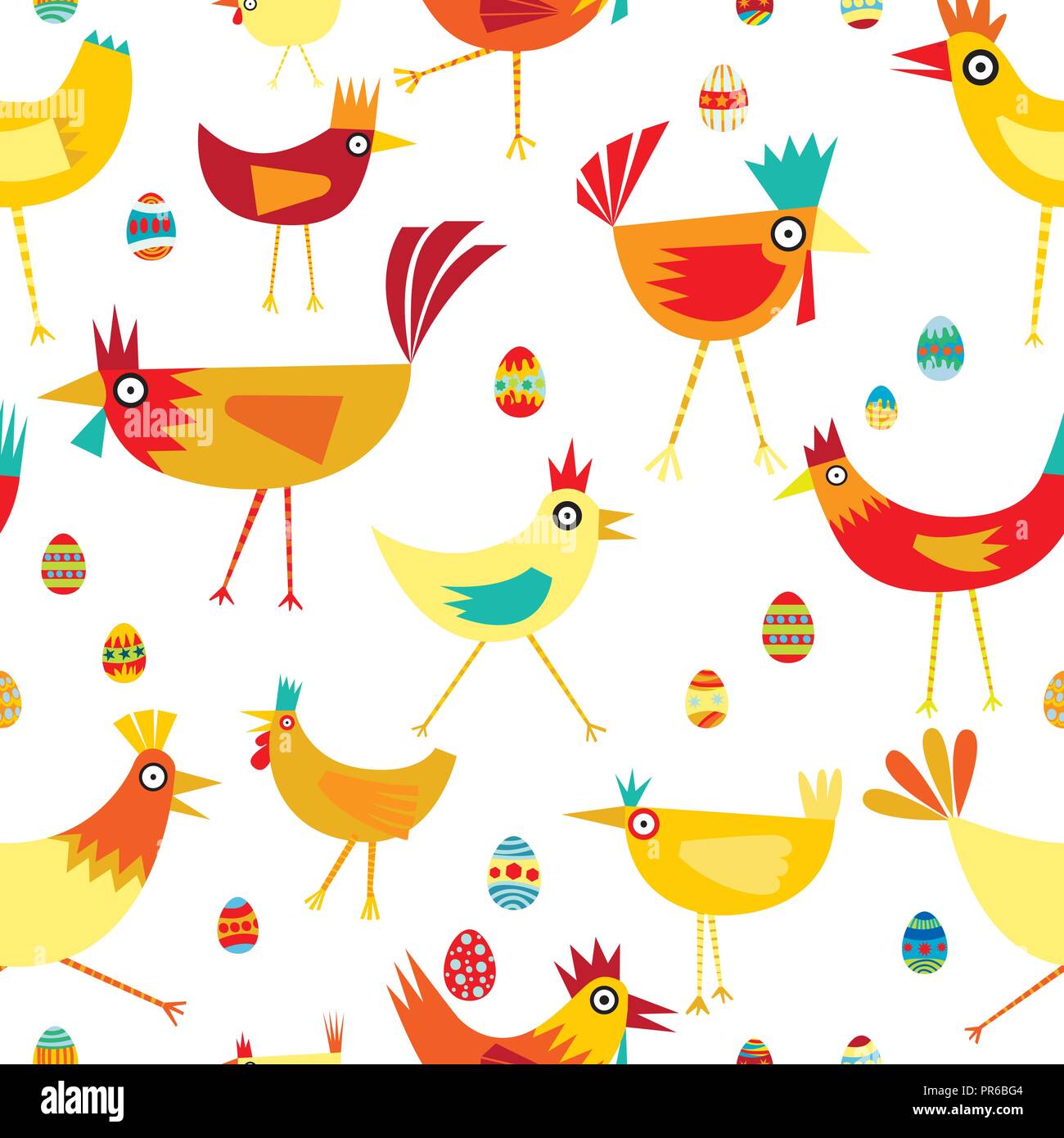 Vector yellow, red and orange colored happy chickens seamless pattern ...