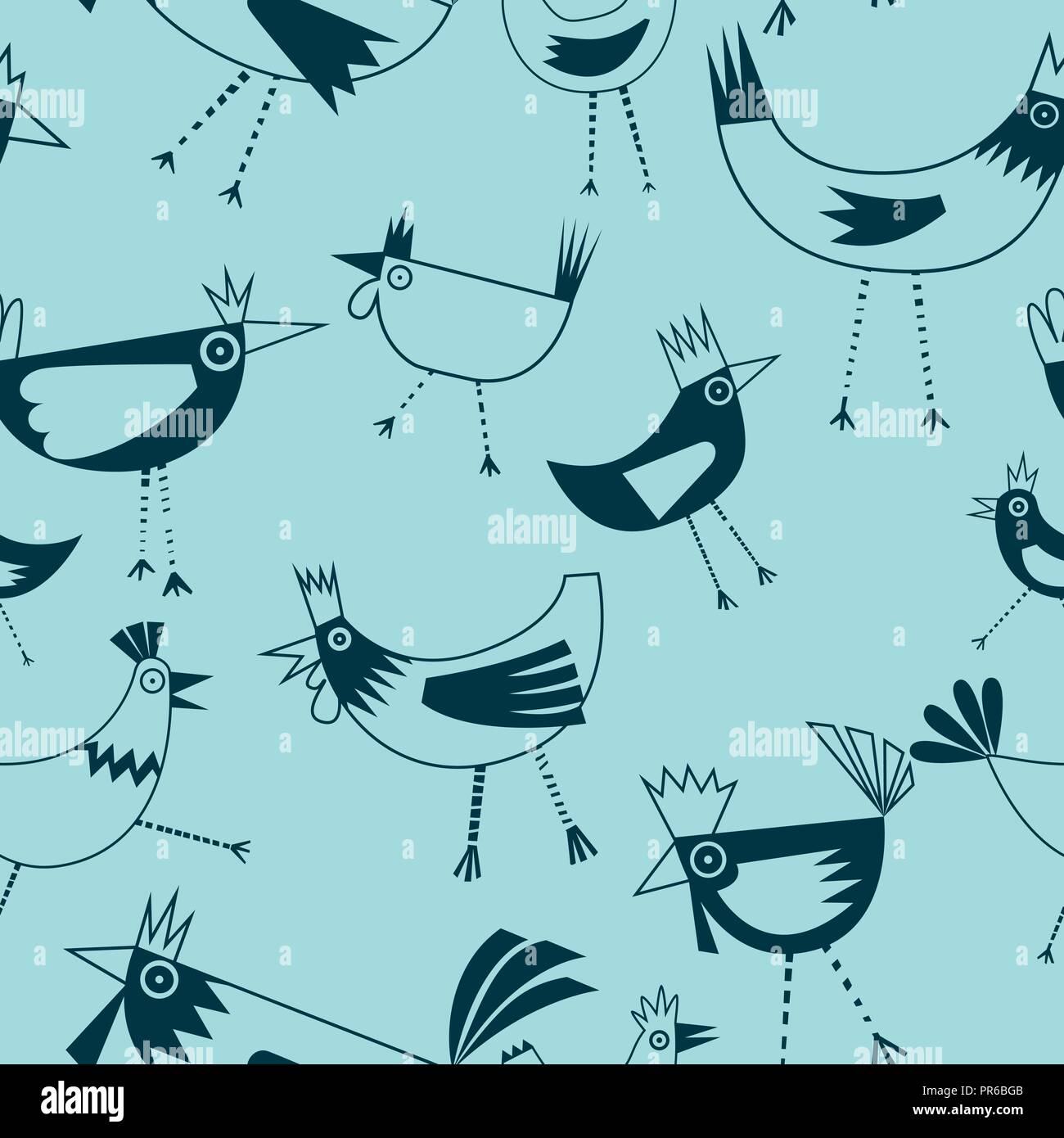 Vector blue monochrome funky chickens seamless pattern background ...