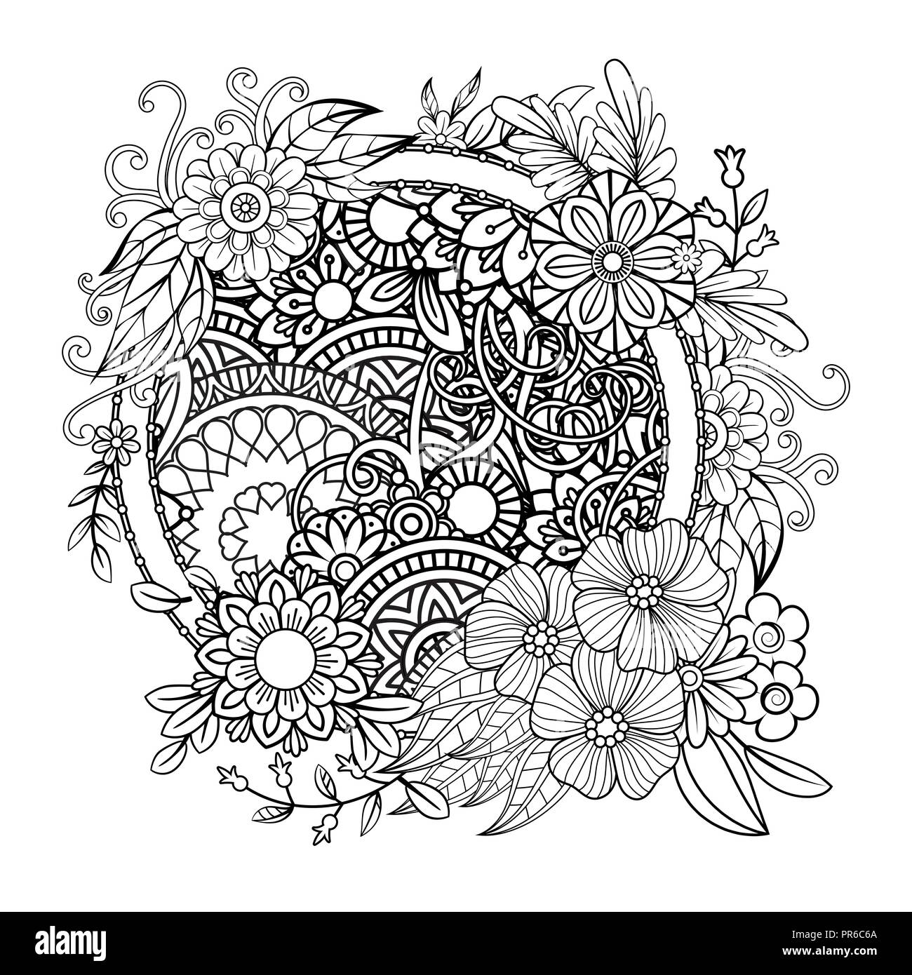 Adult coloring page with flowers pattern. Black and white doodle wreath ...