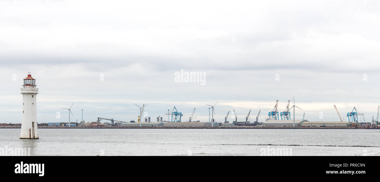 New Brighton lighthouse with Liverpool docks in background Stock Photo ...