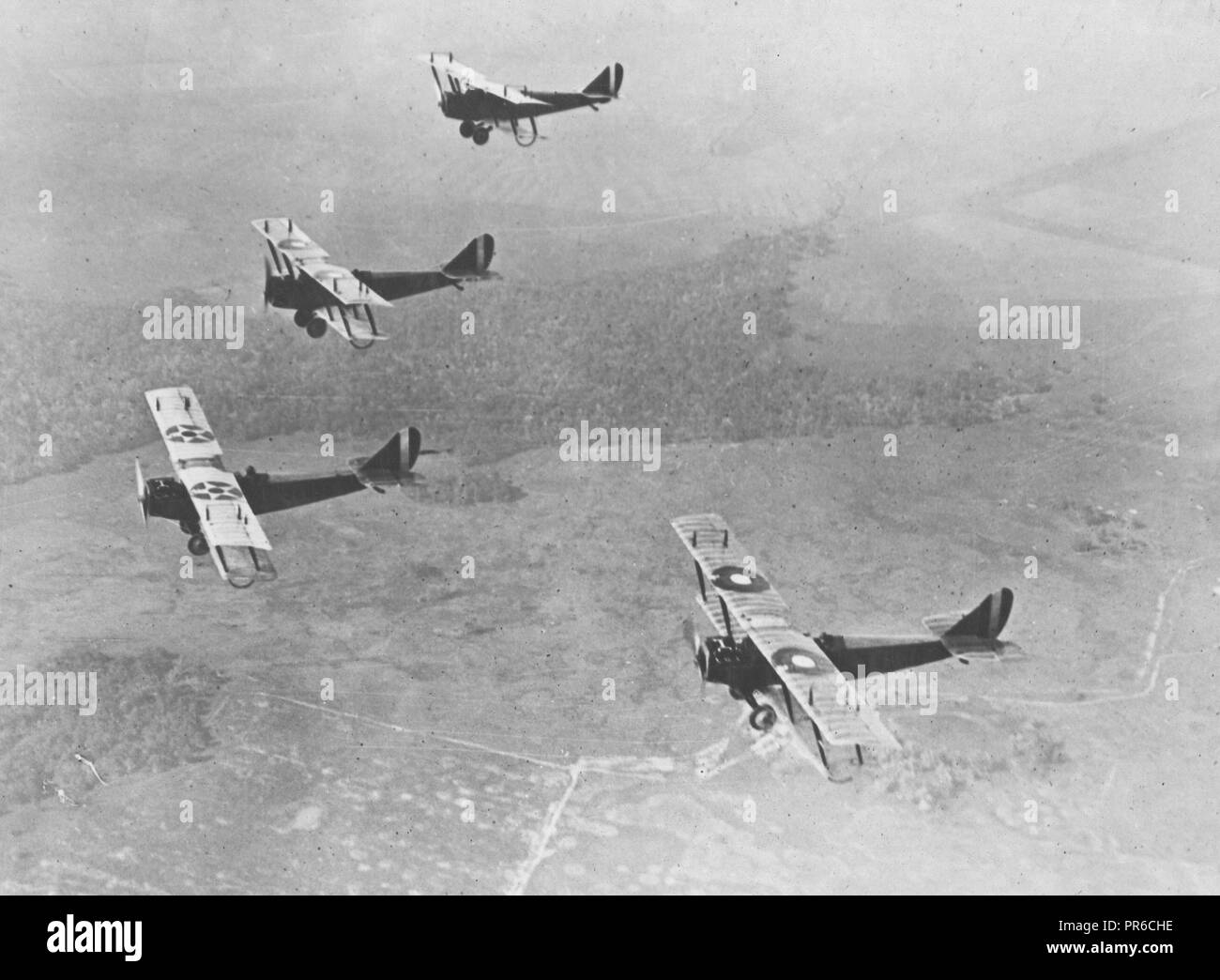 1919 - American bombing machines in flying formation. A squadron of ...