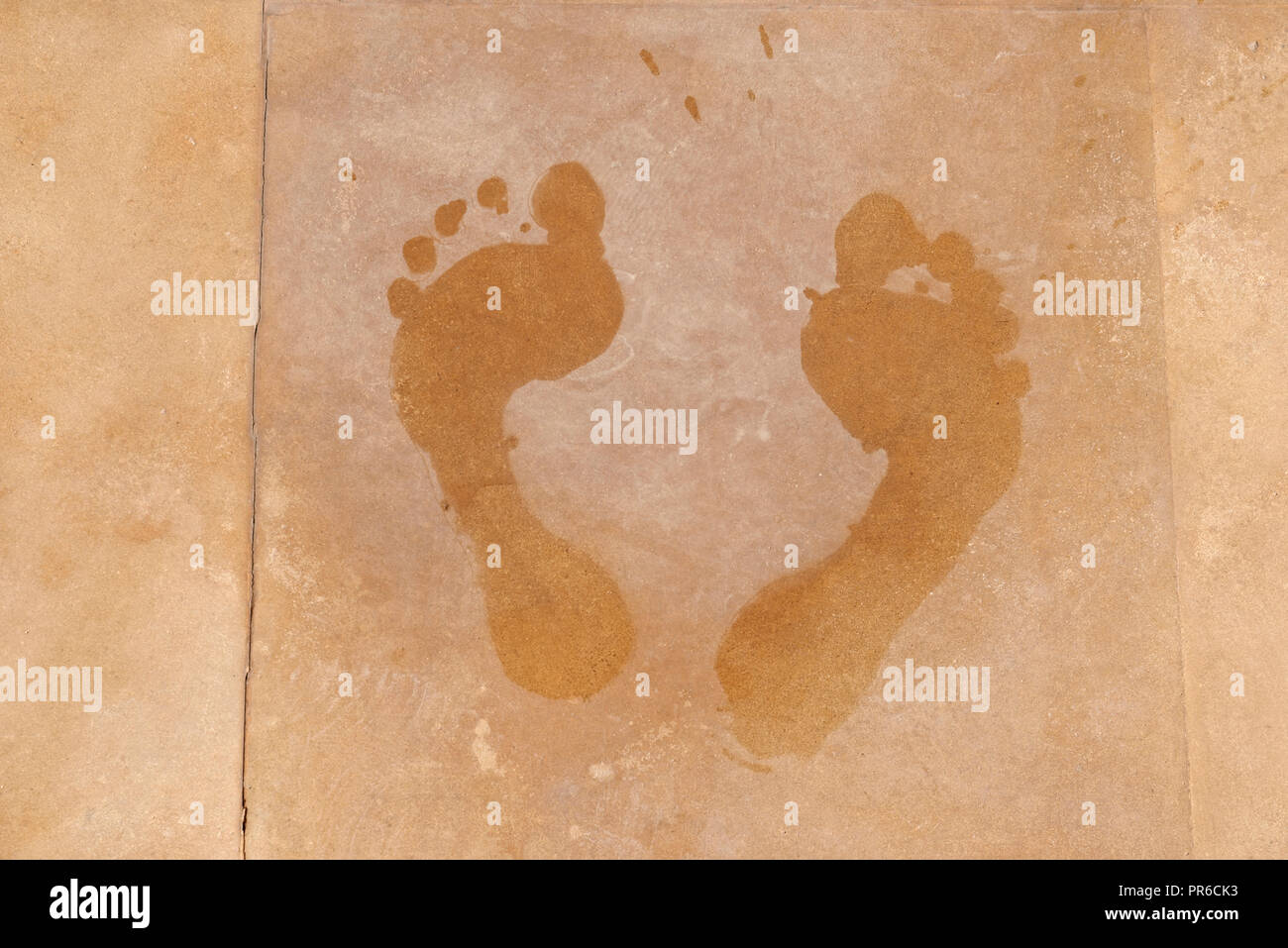 a pair of wet footprints on a stone surface Stock Photo - Alamy