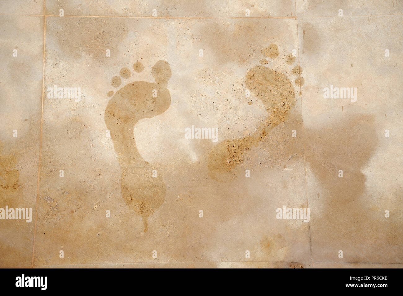 a pair of wet footprints on a stone surface Stock Photo - Alamy