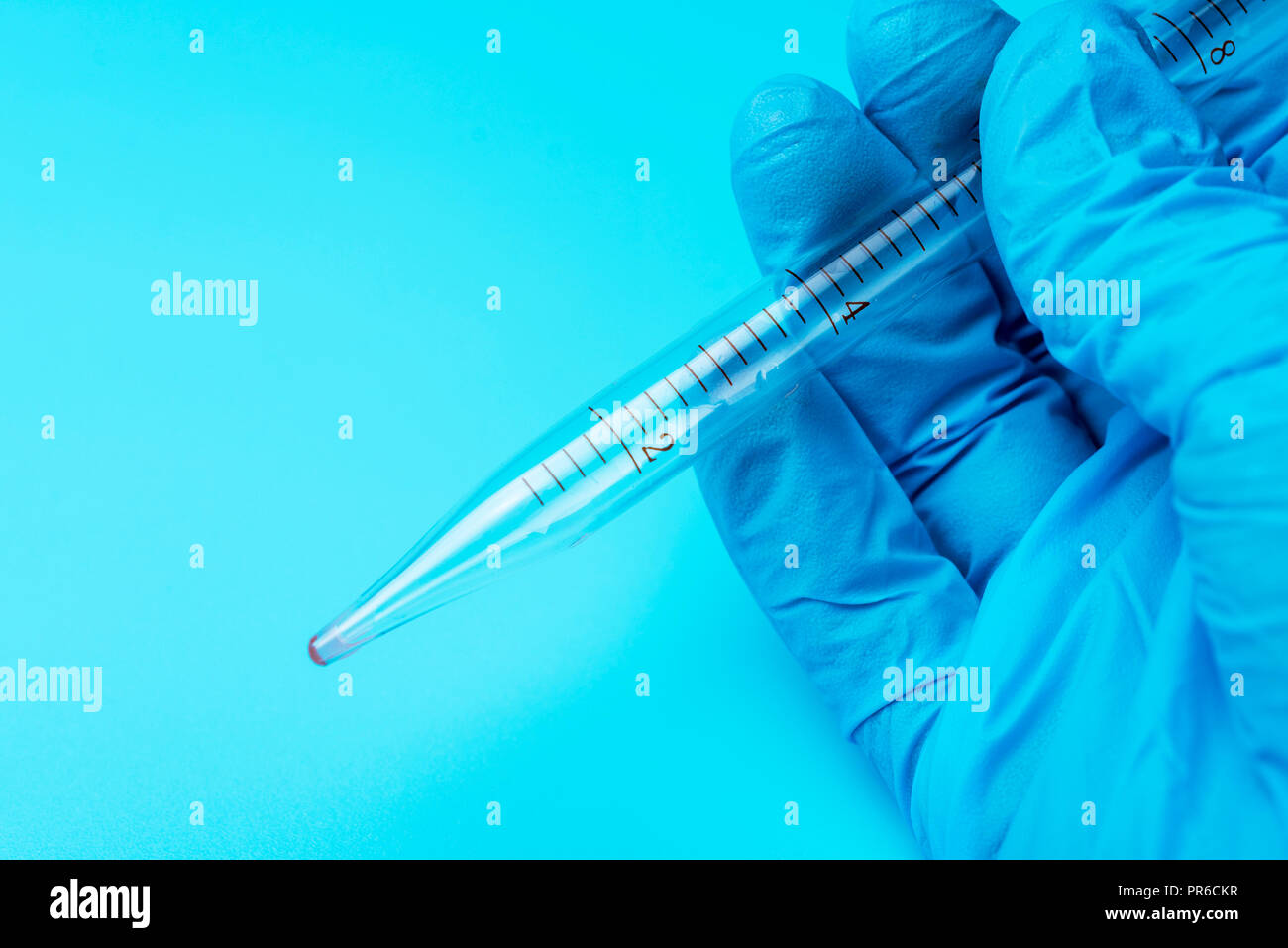 A gloved hand holding a laboratory pipette on a blue background Stock ...
