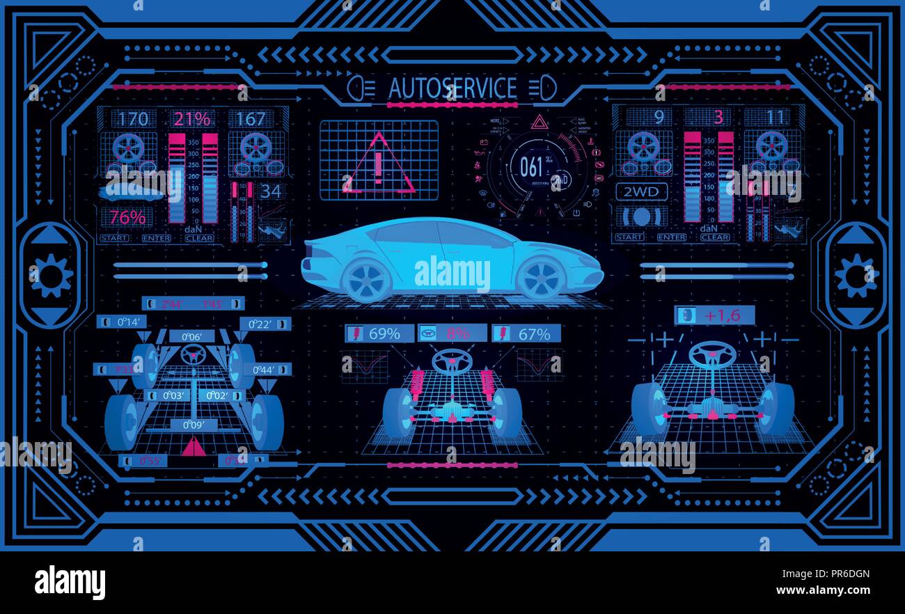 Car service. Graphic interface in a stylized frame. Diagnostic ...
