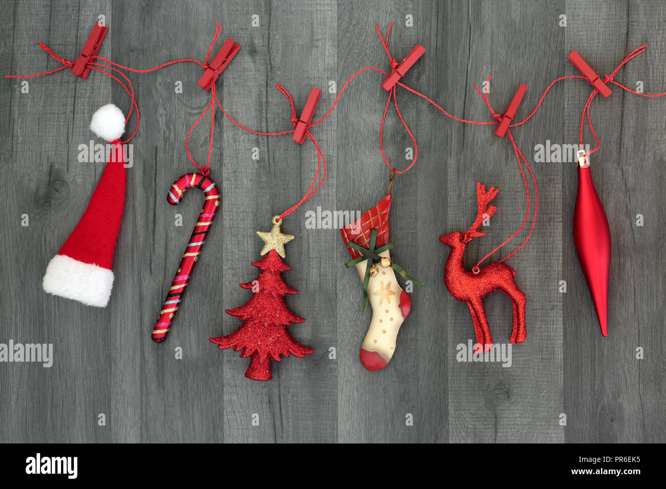 Christmas decorations and symbols of the festive season hanging on a ...