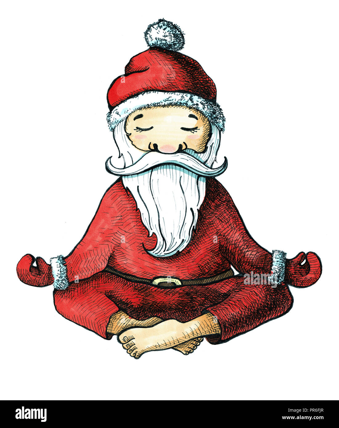 Cartoon Santa Claus in one of the poses of yoga. Painted markers ...