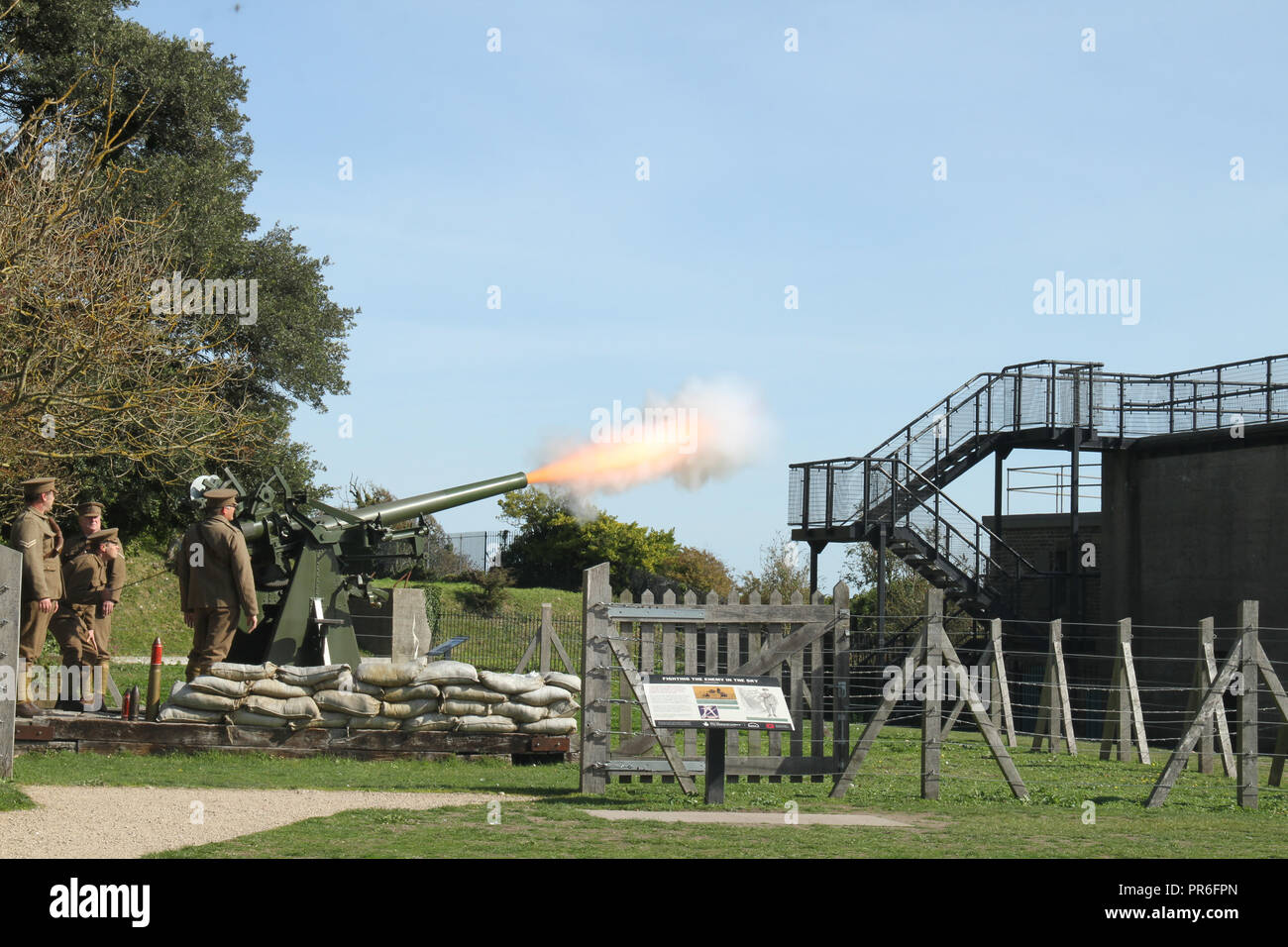 Dover Castle, Kent, UK - September 30 2018: 3inch 20cwt AA gun is fired ...
