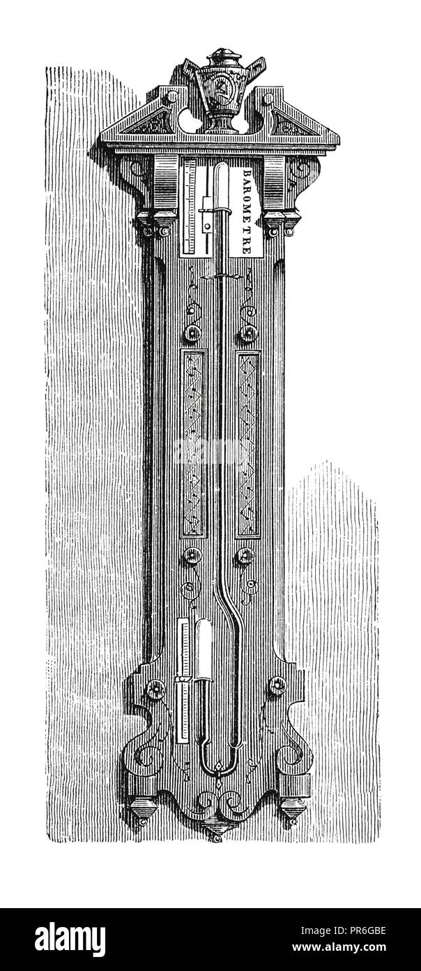 19-th century illustration of a curved barometer on stand. Published in ...
