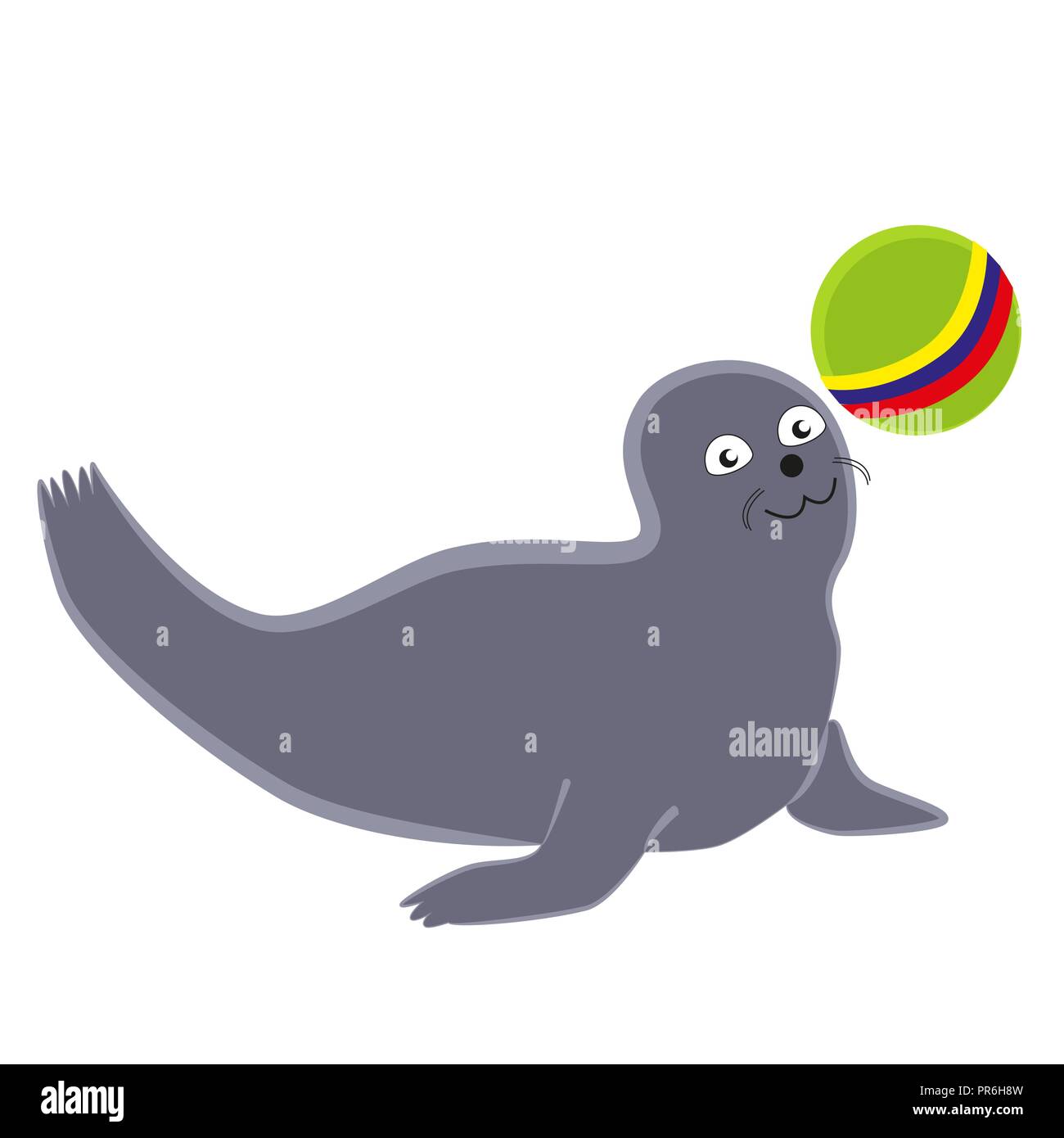 Funny and cute cartoon seal playing with ball isolated white background ...