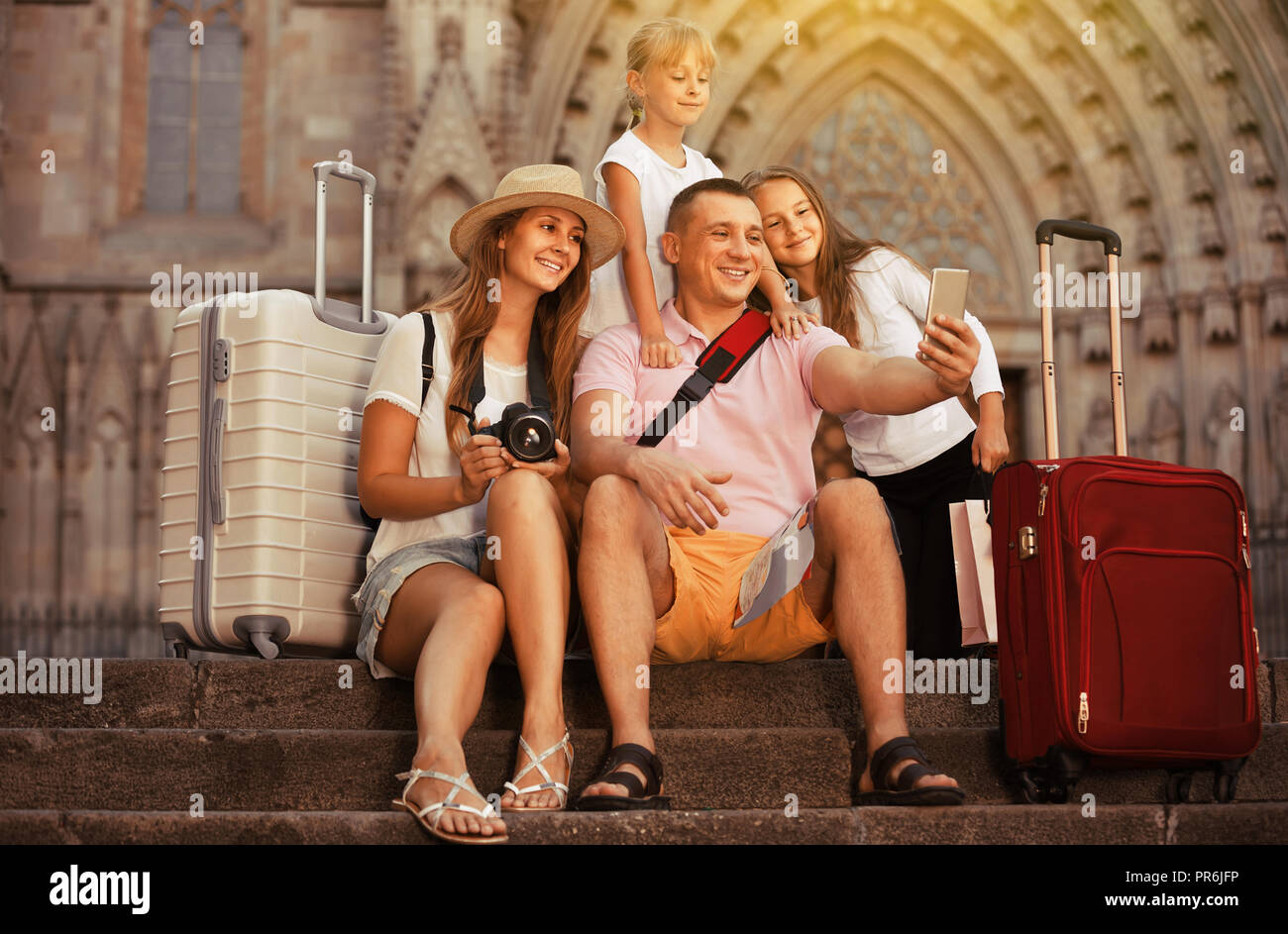 Happy germany family of tourists making selfie during travelling on ...