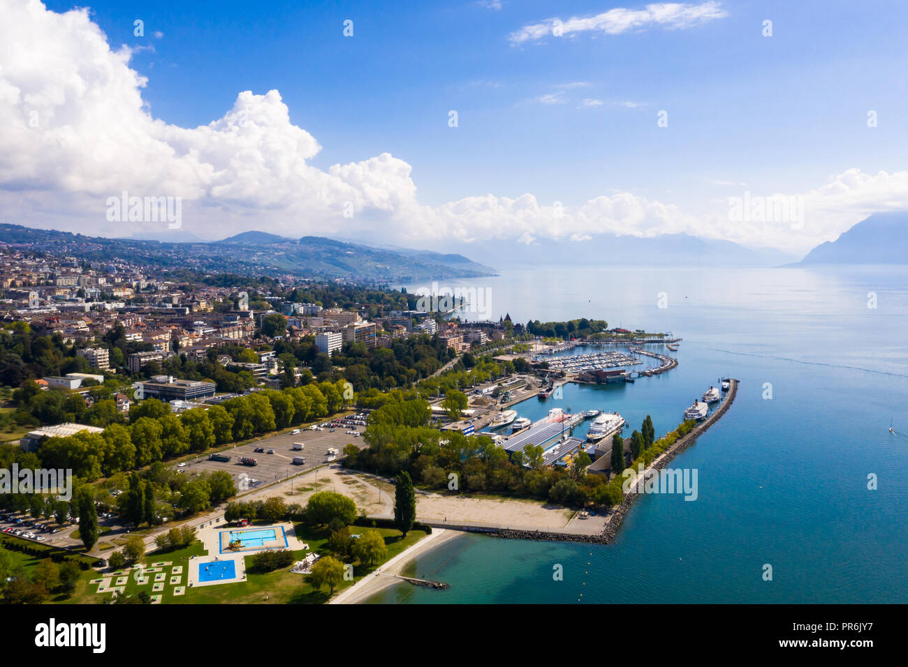 Aerial view of Ouchy waterfront in Lausanne, Switzerland Stock Photo ...