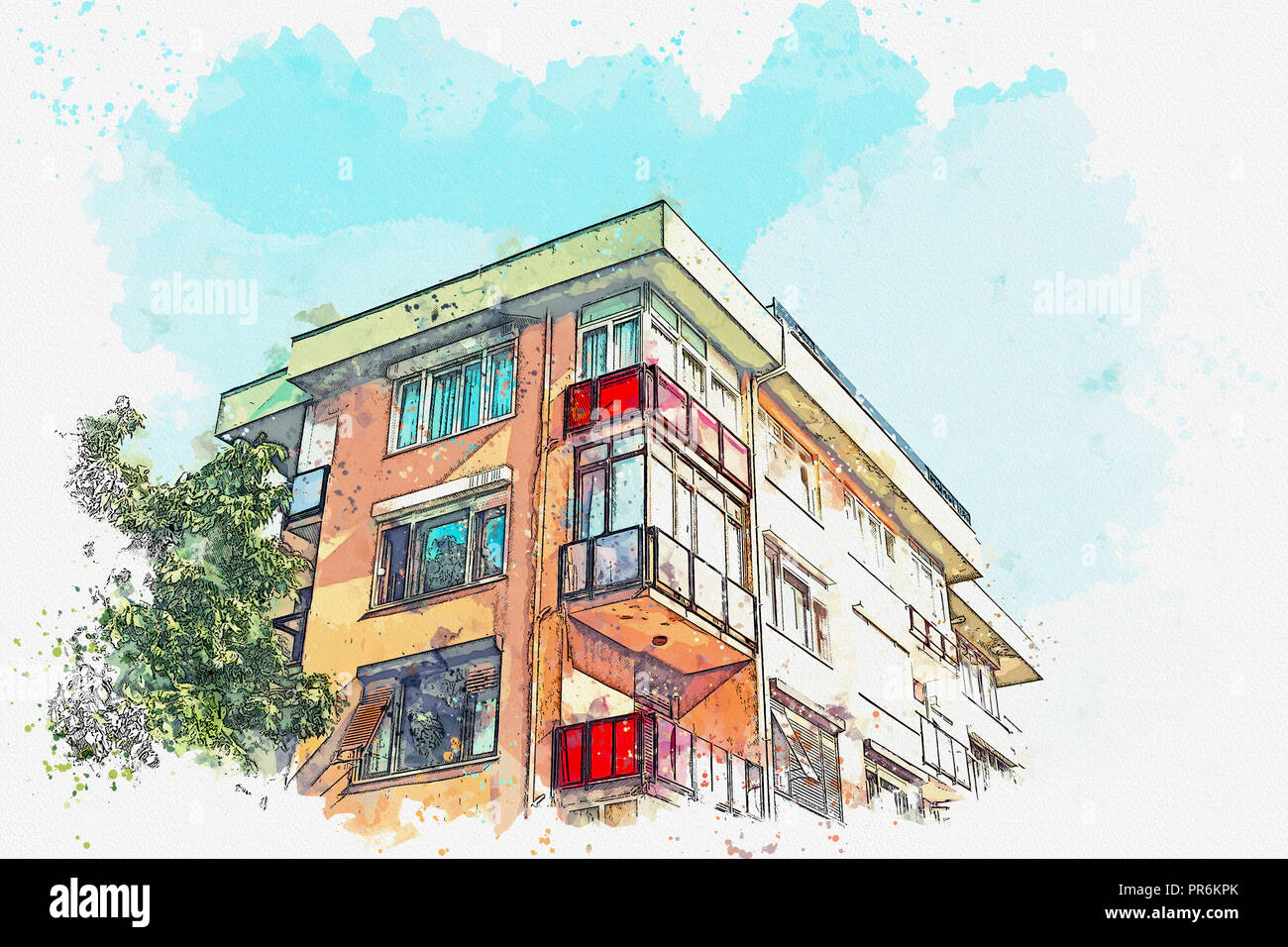 A watercolor sketch or illustration of a traditional apartment house in ...