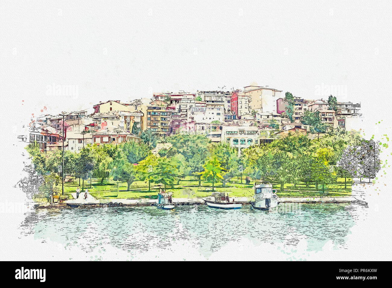 A watercolor sketch or illustration of a beautiful view of the ...