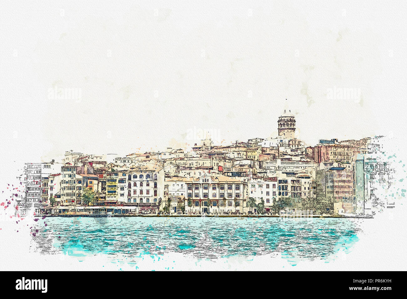 A watercolor sketch or illustration of a beautiful view of the ...