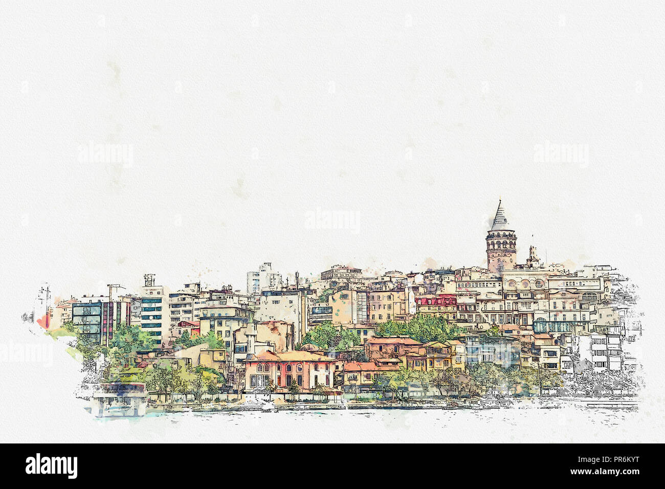 A watercolor sketch or illustration of a beautiful view of the ...