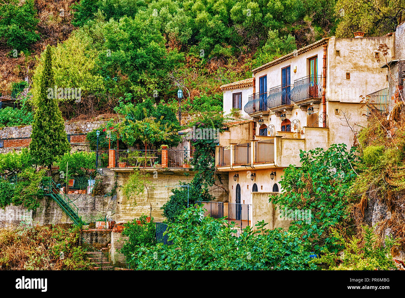 Beautiful landscape with Savoca village in the mountains, Sicily island ...