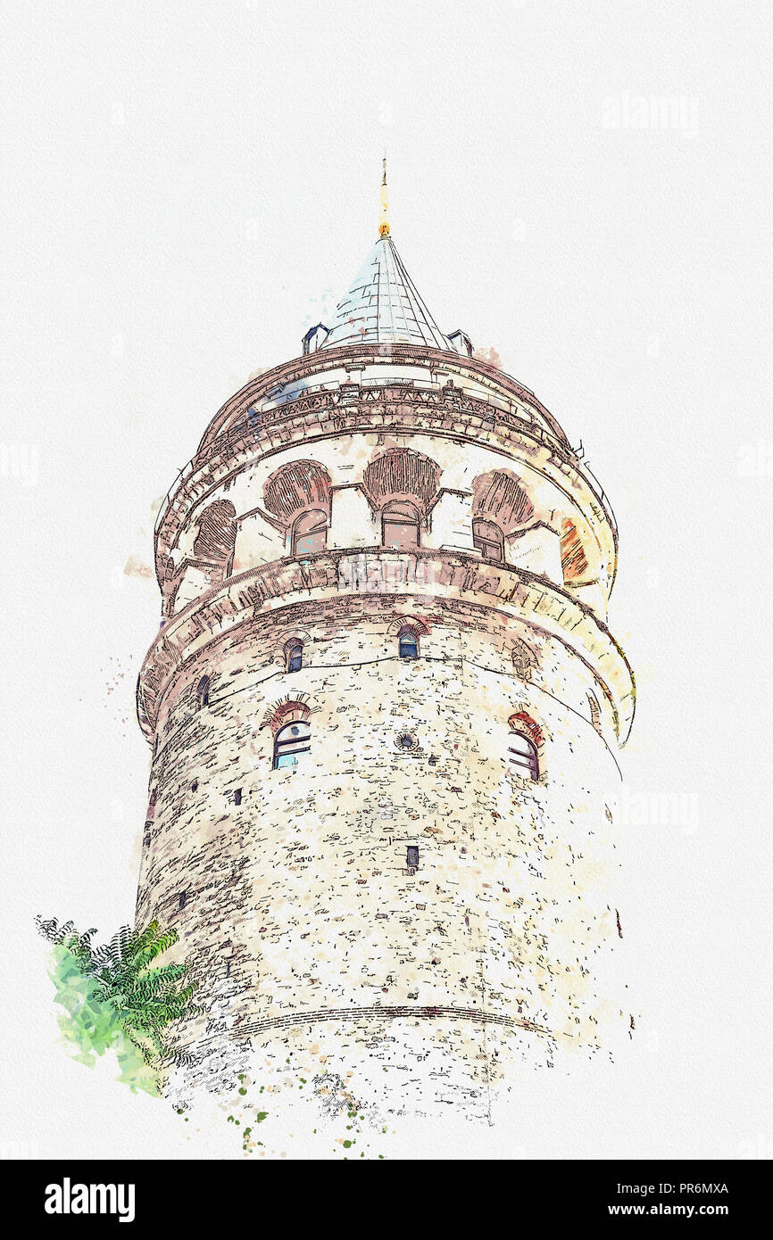 A watercolor sketch or illustration. Galata tower in Istanbul in Turkey ...
