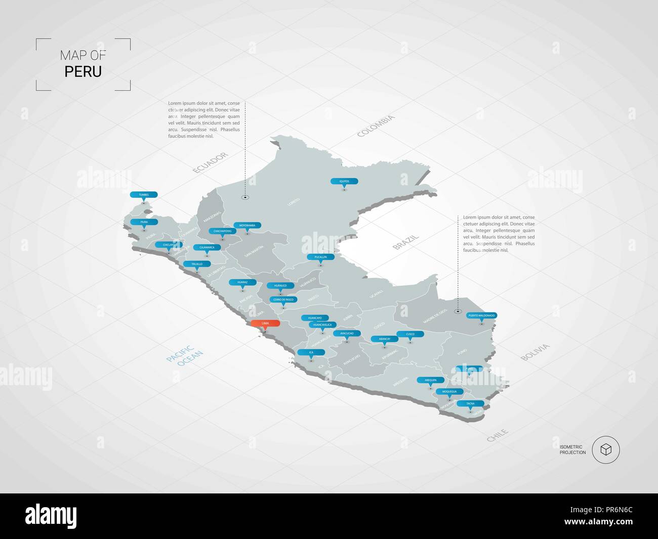 Isometric 3D Peru map. Stylized vector map illustration with cities ...
