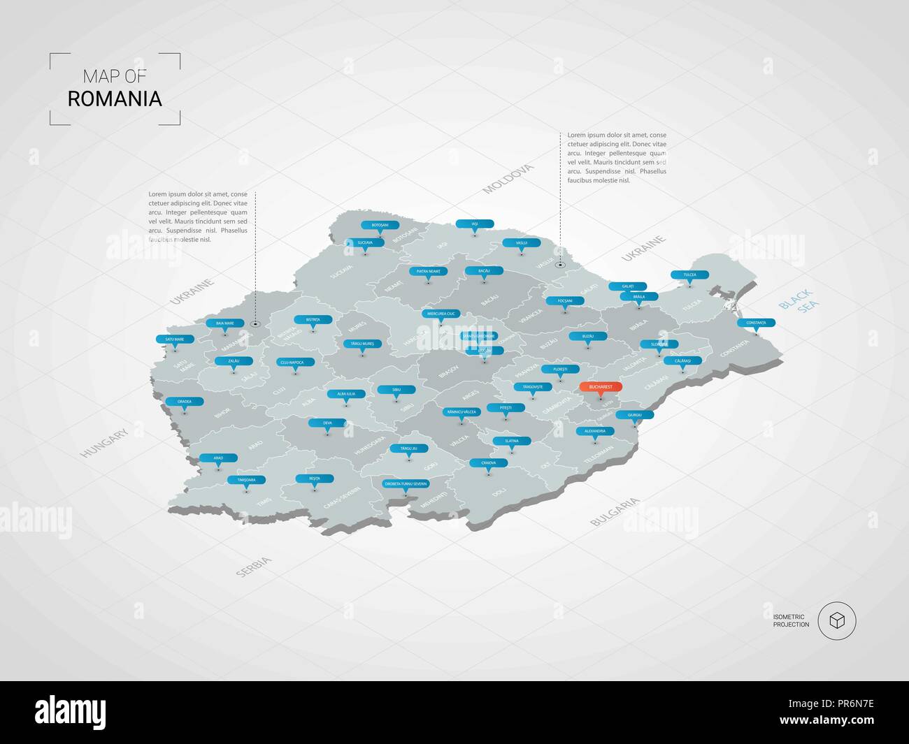 Isometric 3D Romania map. Stylized vector map illustration with cities ...