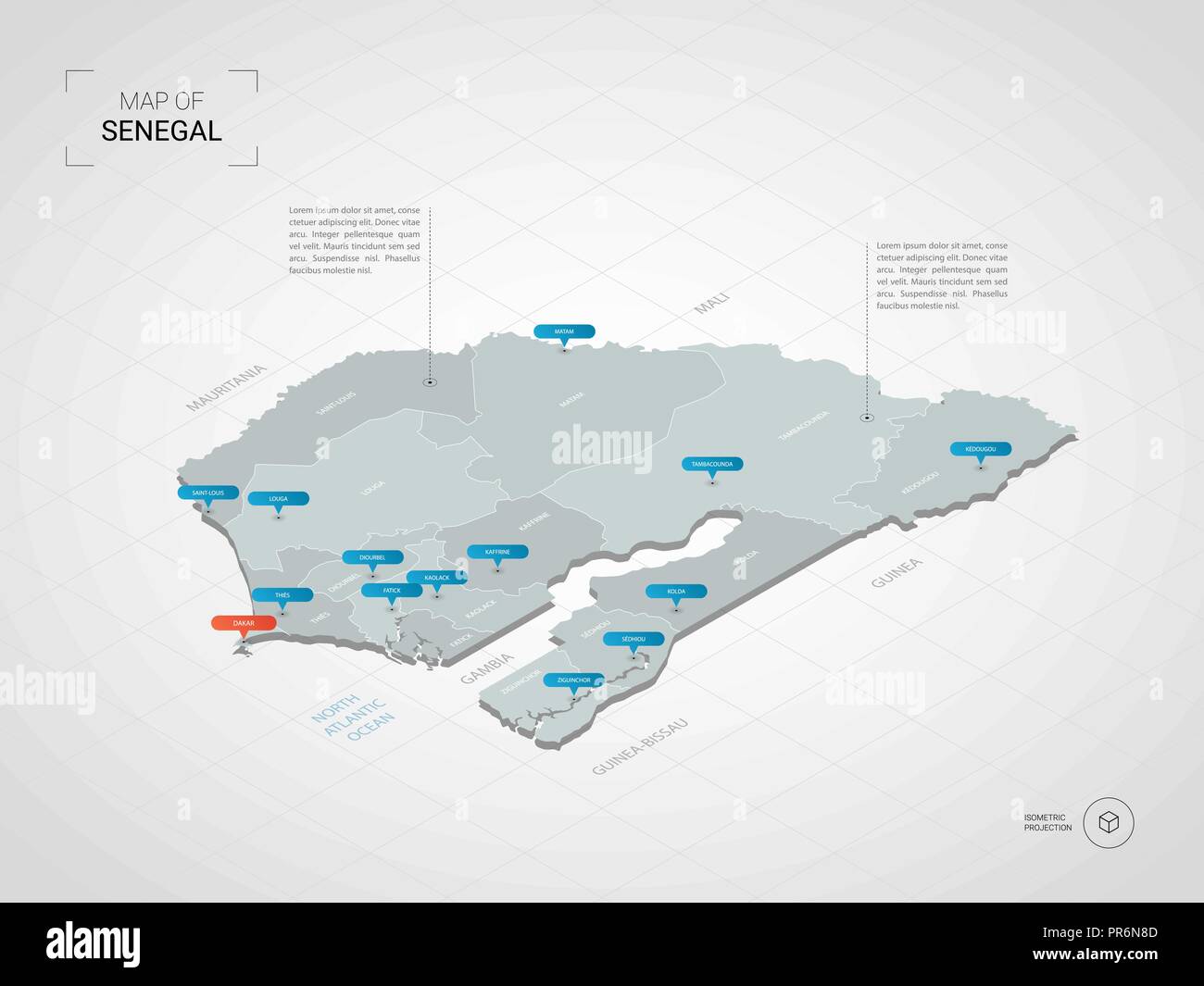 Isometric 3D Senegal map. Stylized vector map illustration with cities ...