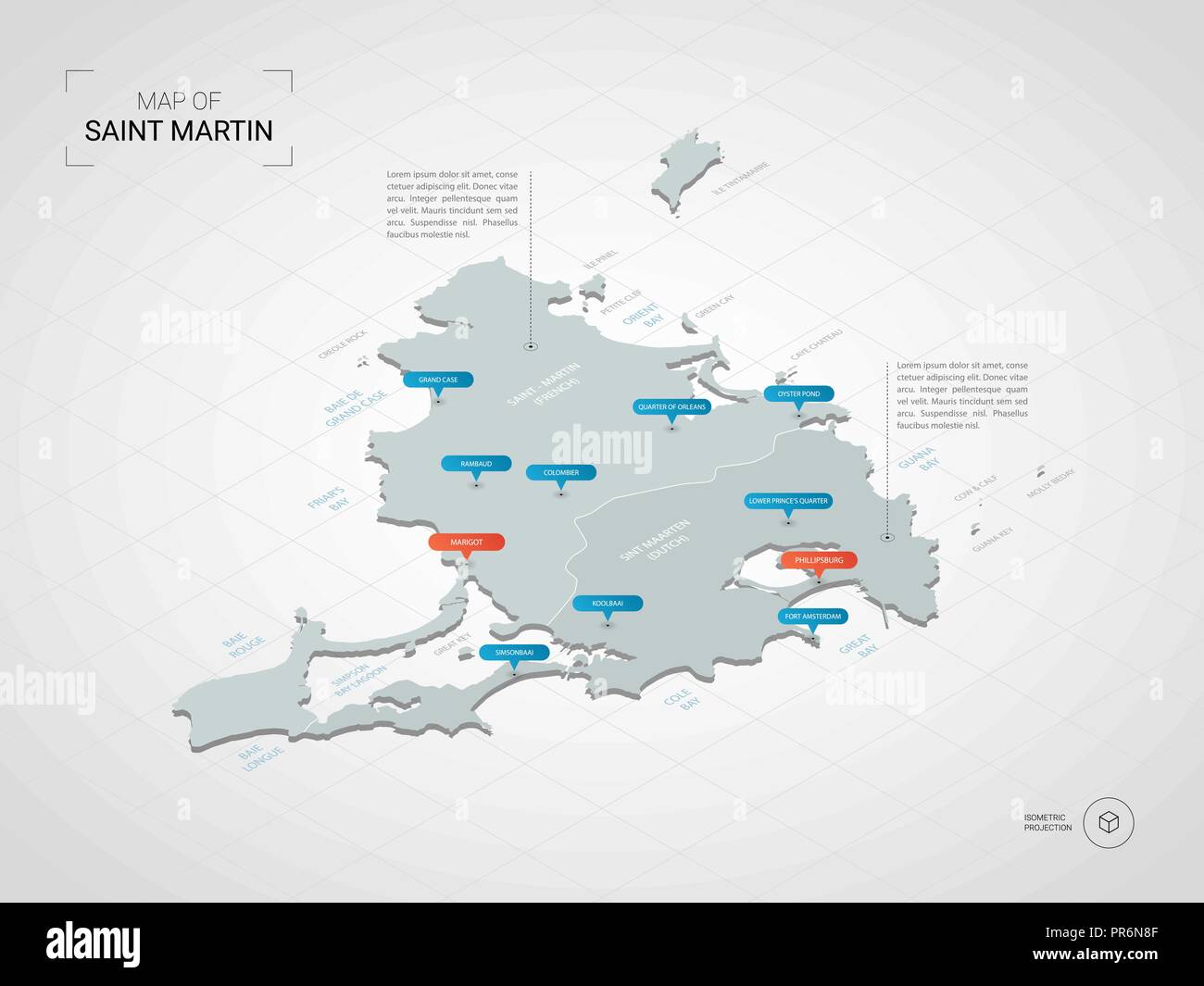 Isometric 3D Saint Martin map. Stylized vector map illustration with ...