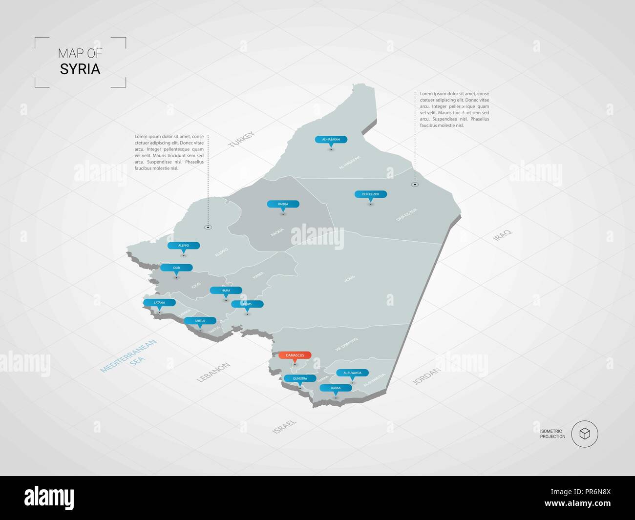 Isometric 3D Syria map. Stylized vector map illustration with cities ...