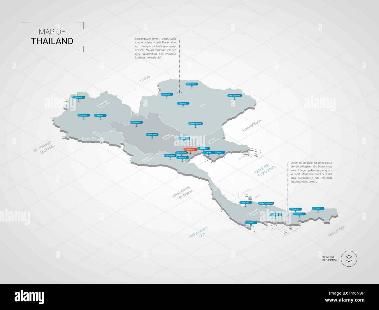 Isometric 3D Thailand map. Stylized vector map illustration with cities ...