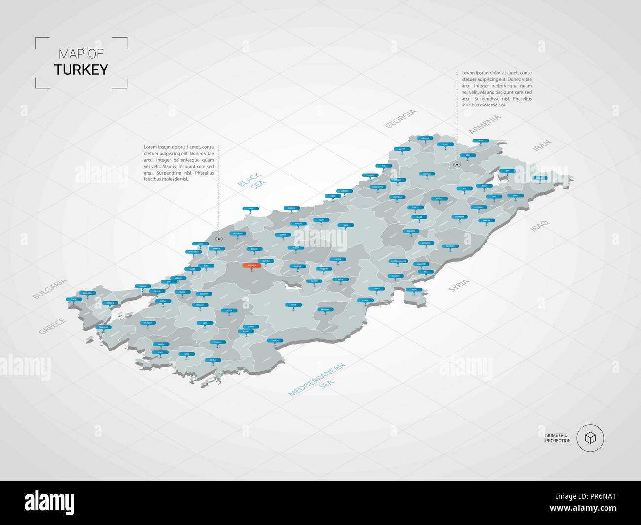 Isometric 3D Turkey map. Stylized vector map illustration with cities ...